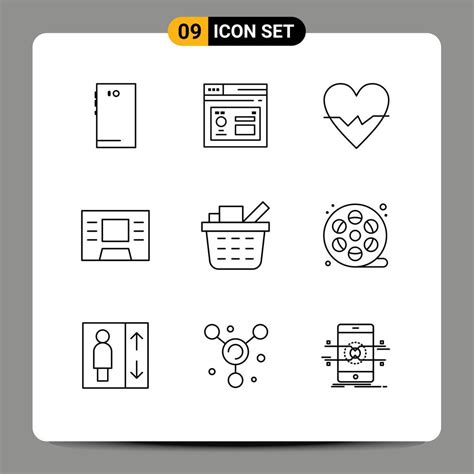 Set Of 9 Commercial Outlines Pack For Shopping Cart Basket Page Finance Skin Editable Vector