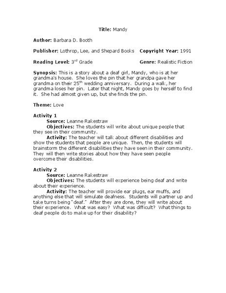 Mandy Lesson Plan For 2nd 4th Grade Lesson Planet