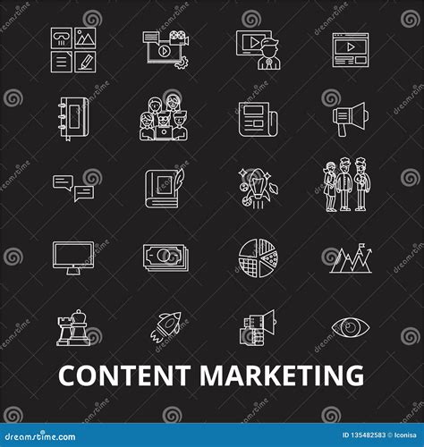 Content Marketing Editable Line Icons Vector Set On Black Background Content Marketing White