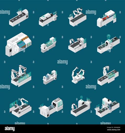 Industrial Robots Automation Isometric Set Of Isolated Images With Icons Of Robotic Medical And