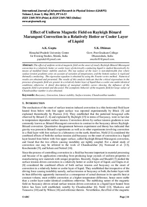 Pdf Effect Of Uniform Magnetic Field On Rayleigh Bènard Marangoni Convection In A Relatively