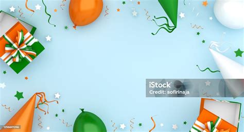 인도 의 해피 독립 기념일 장식 배경 인사말 카드 배너 템플릿 전단지 풍선 별과 리본 선물 상자 파란색파티 모자 콘 색종이 복사 공간 텍스트 3d 일러스트 코트디부아르에