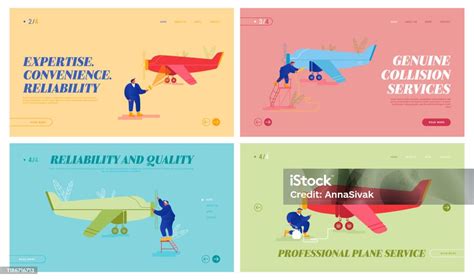항공기 유지 보수 및 수리 웹 사이트 방문 페이지 세트 프로펠러 엔진 펌핑 바퀴 연료 웹 페이지 배너와 개인 비행기를 검사 역학 엔지니어 만화 플랫 벡터 일러스트 비행기