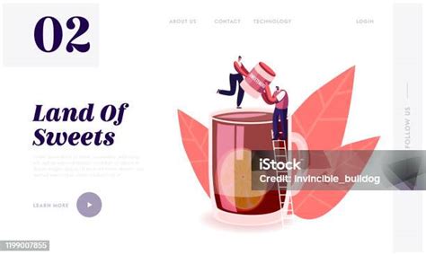 인공 감미료 웹 사이트 방문 페이지 작은 캐릭터는 레몬 넣어 정제와 차의 거대한 컵에 사다리에 서 마시는 건강 과자 제품 웹 페이지 배너 만화 플랫 벡터 일러스트 설탕