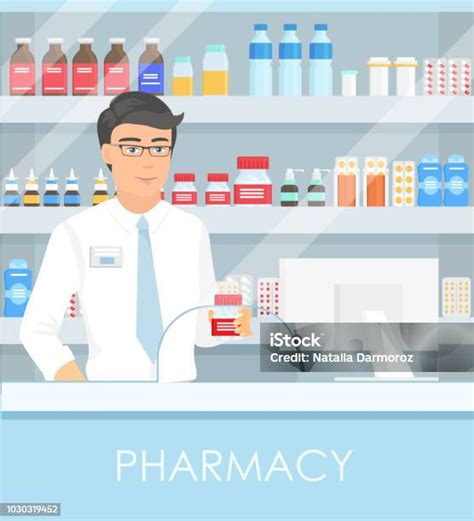 마약 상자 의약품 및 포인트 선반으로 약국에서 약사의 벡터 그림 의학 개념 의료 배경입니다 만화 플랫 스타일에 약국입니다 약국에 대한 스톡 벡터 아트 및 기타 이미지