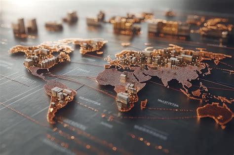 A 3d Illustration Of The World Map With Various Shipping Containers Arranged On It With Red