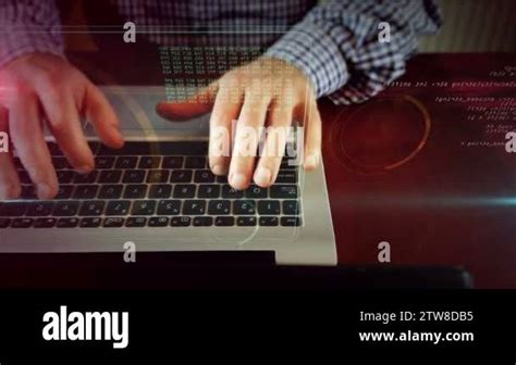 Man Typing On Laptop Keyboard With Digital Privacy Symbol On Hologram Screen Front View Of