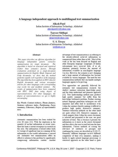 A Language Independent Approach To Multilingual Text Summarization