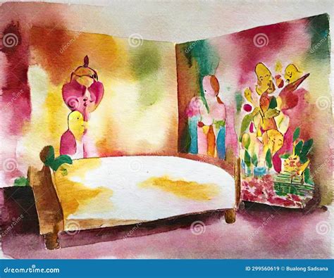 Watercolor Of Interior Of The Bedroom Stock Illustration Illustration