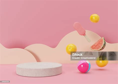 제품 화장품 프리젠 테이션을위한 연단 모형 여름 휴가 분위기 오렌지 수박 핑크 배경에 아이스크림 페데스탈 플랫폼 무대 복사 공간이 있는 빈 장면입니다 3d 렌더링 생활