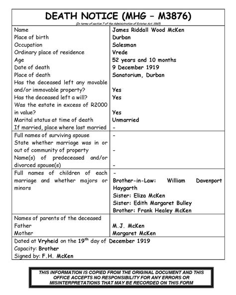 Mcken James Riddall Wood Died 9 Dec 1919 Free State Archives Repository Eggsa Documents