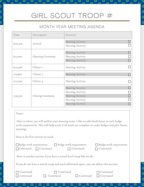 Girl Scout Meeting Agenda Etsy