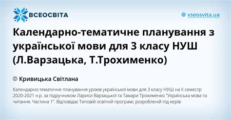 Календарно тематичне планування з української мови для 3 класу НУШ Л Варзацька Т Трохименко