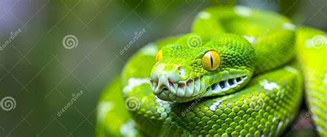 Close Up Of A Captivating Green Python Its Scales Glistening Coiled
