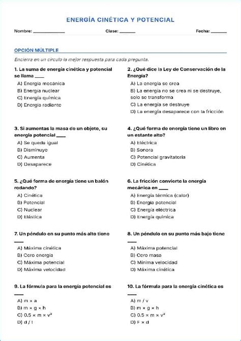 Energía Cinética Y Potencial Science Grado 8 Hoja De Trabajo Opción