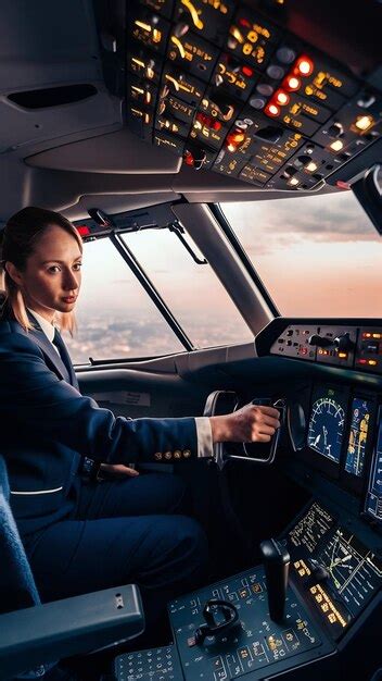 Female Pilot Assisting Captn To Takeoff And Fly Rplane Using Buttons On Dashboard Command In