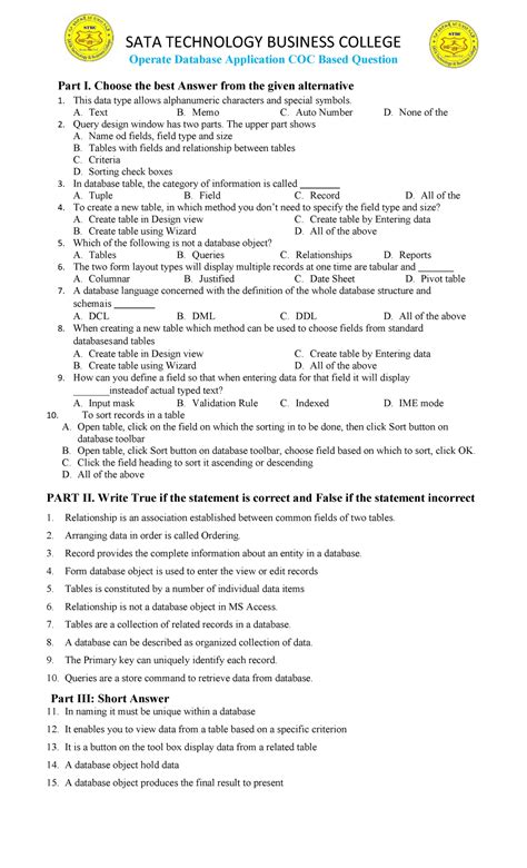 Coc Exam Level 4 2 Database Levell 4 Coc Theory Question 1 A Logical Description Of Database