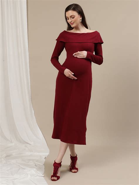 Buy Off Shoulder Maternity Bodycon Dress Burgandy