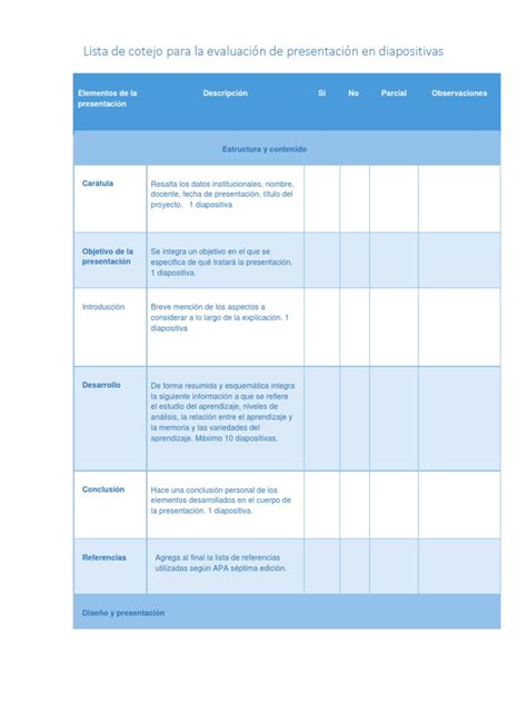 Lista De Cotejo Para La Evaluación De Presentación En Diapositivas Pdf