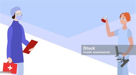 벡터 의료 명함입니다 엽서 와 배너의 디자인 의사와 실험실 조수는 현미경과 문서로 백신에 작동합니다 개념에 대한 스톡 벡터 아트 및 기타 이미지 Istock