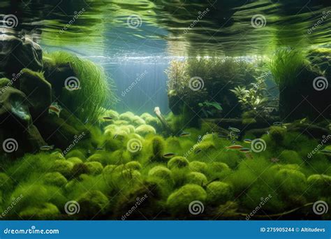 Freshwater Ecosystem With Algae And Other Aquatic Plants Thriving In Clear Water Stock