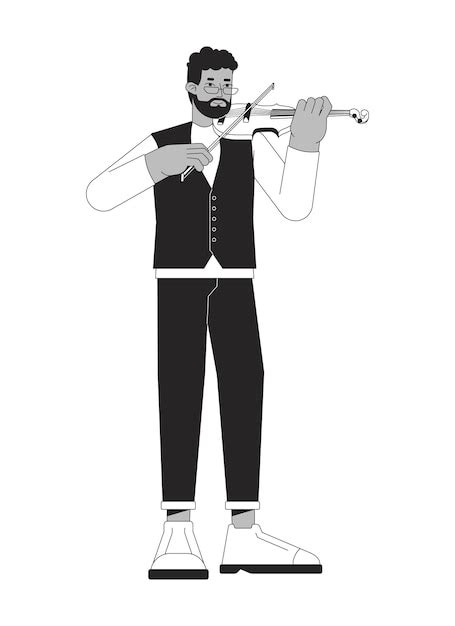 남성 바이올린 연주자 흑백 만화 평평한 일러스트레이션 아프리카계 미국인 성인 남성 콘서트 바이올린 연주자 2d 선형 캐릭터 고립된 바이올린 연주자 단색 장면 ⁇ 터 윤