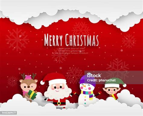 메리 크리스마스와 새해 복 많이 받으세요 종이 컷 스타일 산타 클로스와 하늘 배너 템플릿에 친구 크리스마스 휴일 파티 개념 그림 캐릭터 Hny는 배경 벡터에 고립 개념에