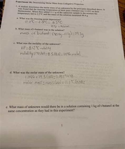 Solved Experiment 10 Determining Molar Mass From