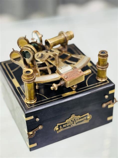 Antique Brass Sextant And Compass Set In Wood Box Nautical Maritime