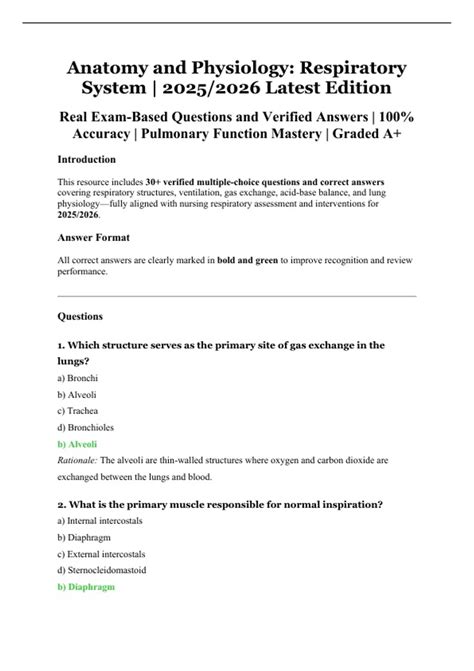 Anatomy And Physiology Respiratory System 2025 2026 Latest Edition Real Exam Based