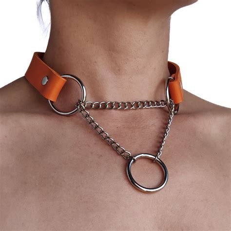 Two Layer Leather Choker With Chain Martingale Collar Fetish