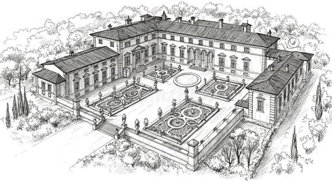 Detailed Sketch Of A Classical Mansion With A Rectangular Layout