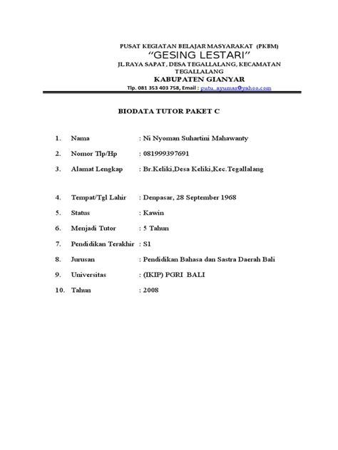 Biodata Tutor Pdf