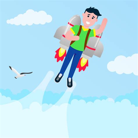 Boy Flying With Rocket Jetpack Like A Super Hero Pilot Flat Style
