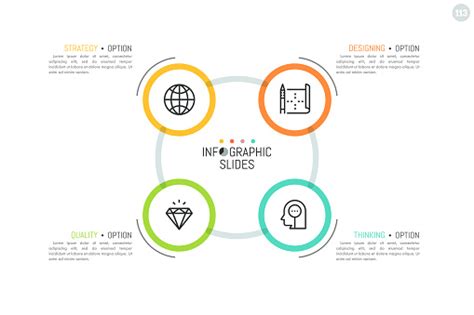 4 개의 여러 가지 색의 원형 요소 내부선형 아이콘 및 텍스트 상자가있는 둥근 순서도 최소한의 인포그래픽 디자인 레이아웃 다이어그램에 대한 스톡 벡터 아트 및 기타 이미지