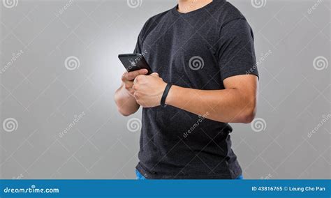 Man Use Mobile Phone Sync With Wearble Device Stock Image Image Of Apparel Fitness 43816765