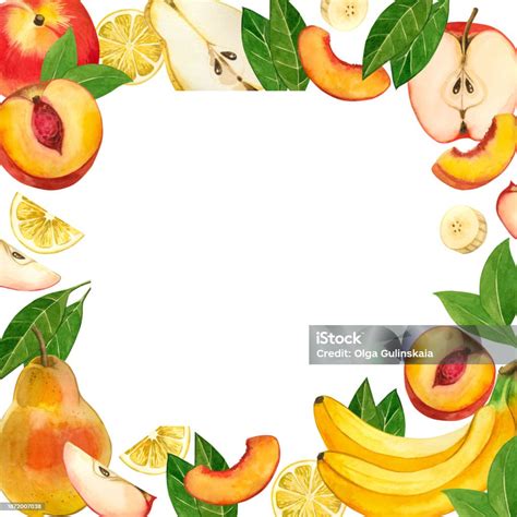과일로 만든 사각형 수채화 프레임입니다 바나나 복숭아 배 레몬 조각 흰색 배경에 수채화로 그려진 나뭇잎 직물에 인쇄용 주방 장식용 접시 조리법 건강한 식생활에 대한 스톡