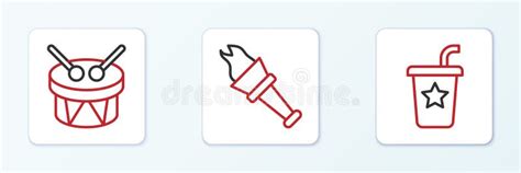 Set Line Paper Glass With Straw Drum And Drum Sticks And Torch Flame Icon Vector Stock