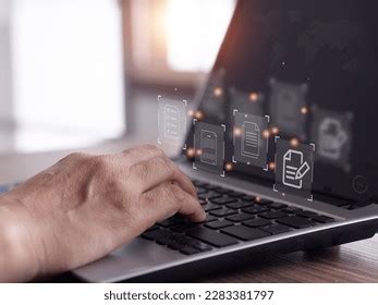 Hand Typing Keyboard Shows Virtual Screen Stock Photo Shutterstock