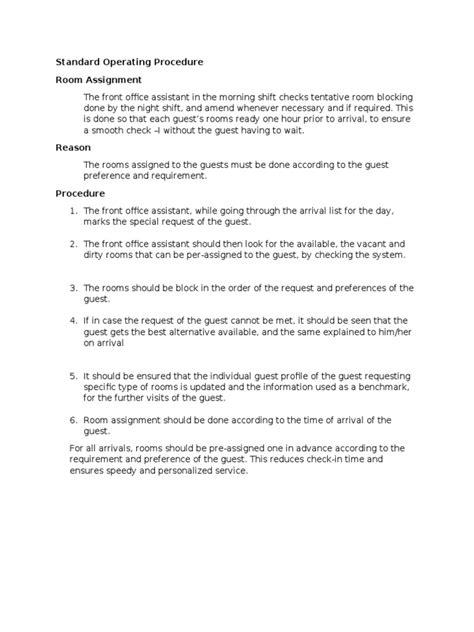 Room Assignment Sop For Hotels Pdf