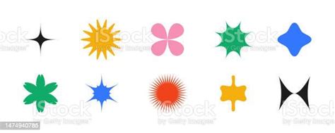 기본 기하학적 모양 컬렉션입니다 추상적 인 별과 꽃은 스위스 또는 바우 하우스 스타일로 형성됩니다 잔인한 요소는 포스터 배너 콜라주를 위해 설정됩니다 벡터 기호입니다