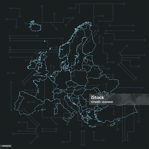 Europakarte Mit Ländern Auf Dunklem Hintergrund Circuit Board Stock