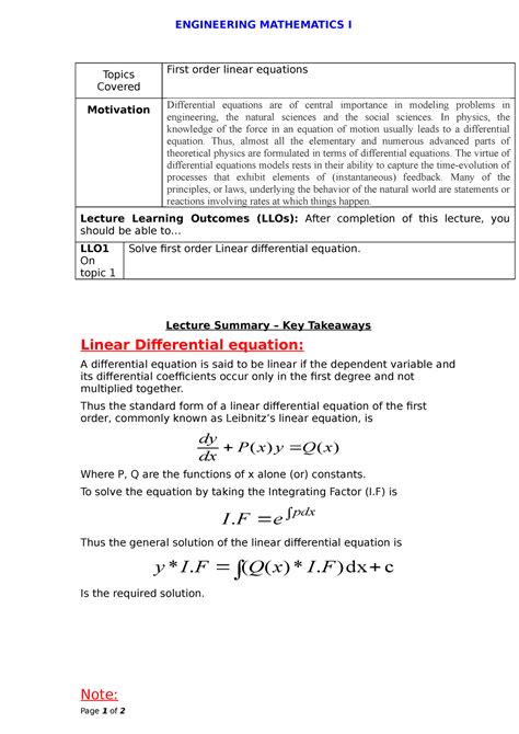 First Order Linear Equations Engineering Mathematics I Topics Covered