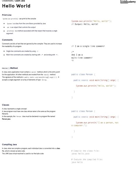 Learn Java Hello World Cheatsheet Codecademy Pdf