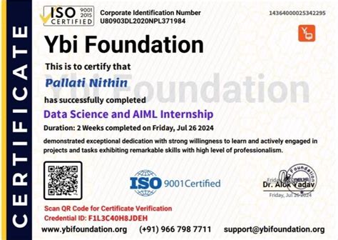 Finished Data Science And Ai Ml Internship At Ybi Pallati Nithin Posted On The Topic Linkedin