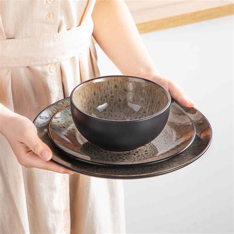 Bubble Stoneware Set Unique 12 Piece Reactive Glaze Farmhouse