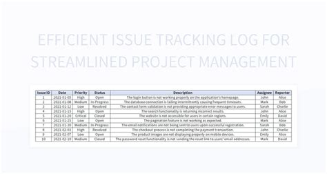Efficient Issue Tracking Log For Streamlined Project Management Excel