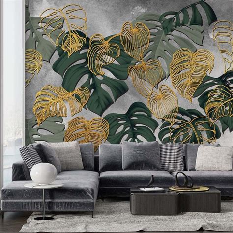 Елегантен тапет със зелени и златисти листа идеален за хол офис и спалня Фото Тапети