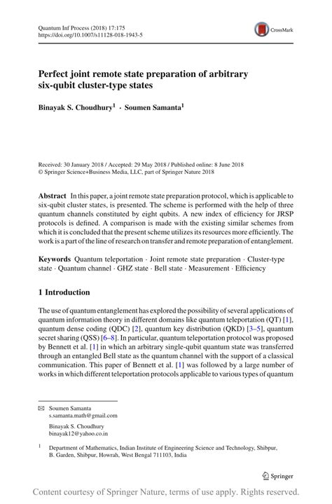 Perfect Joint Remote State Preparation Of Arbitrary Six Qubit Cluster Type States Request PDF