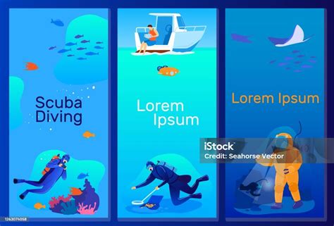 다이빙 벡터 일러스트 세트 바다 또는 바다 열대 자연에서 만화 플랫 스쿠버 다이버 캐릭터 다이빙 스포츠 수직 배너 스쿠버